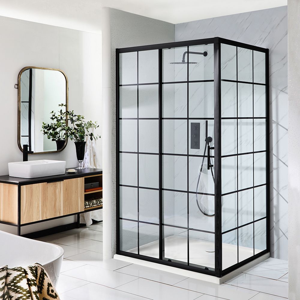 Milano Barq - Black Grid Corner Sliding Door Shower Enclosure with Tray - Choice of Sizes and ...