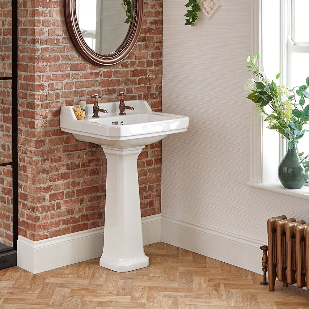 Milano Richmond White Traditional Square Basin with Full Pedestal 595mm x 470mm 2 Tap Holes