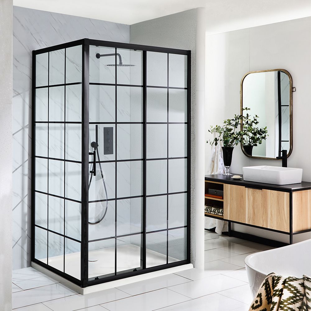 Milano Barq - Black Grid Corner Sliding Door Shower Enclosure with Tray ...