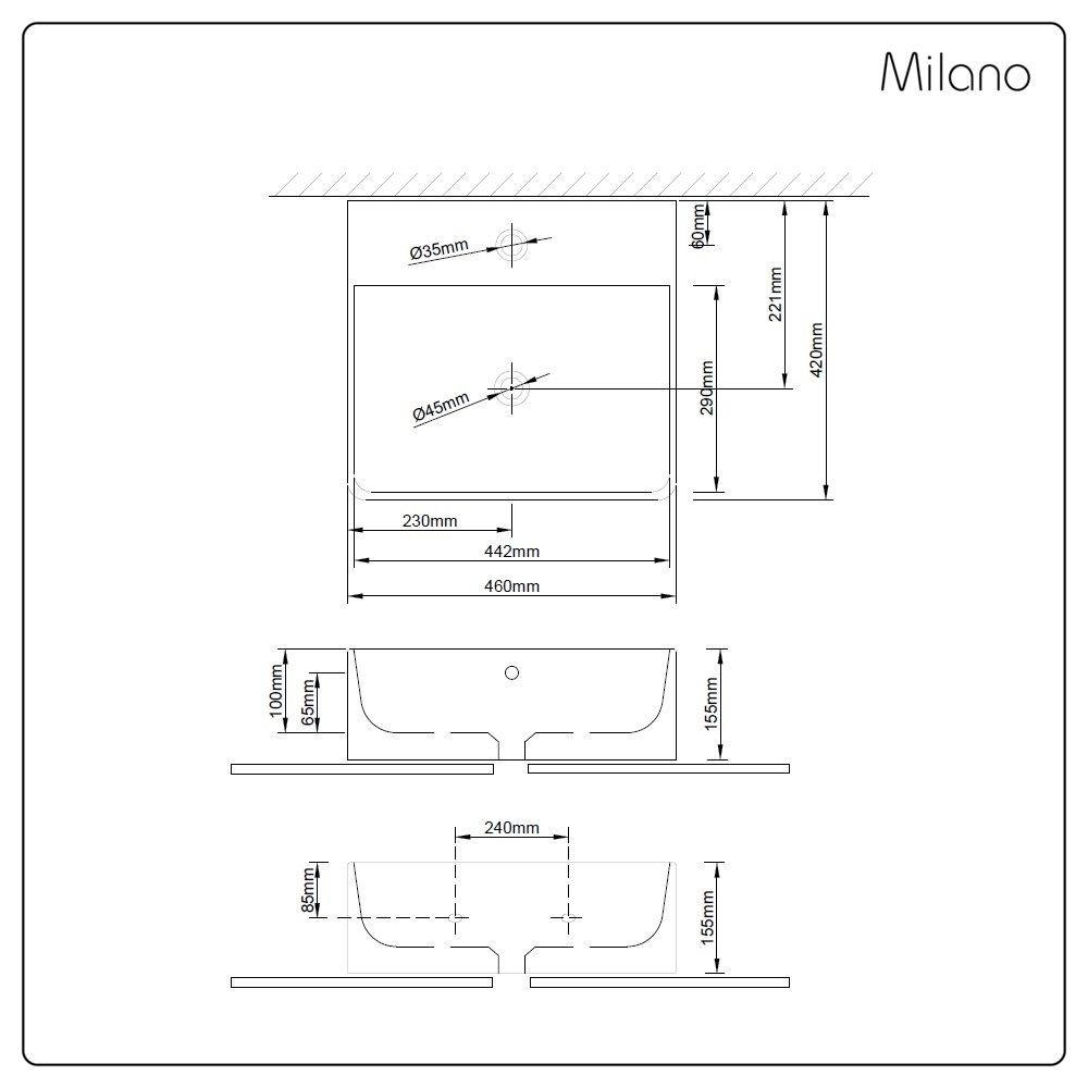 Milano Farington - White Modern Rectangular Wall Hung Basin - 460mm x ...