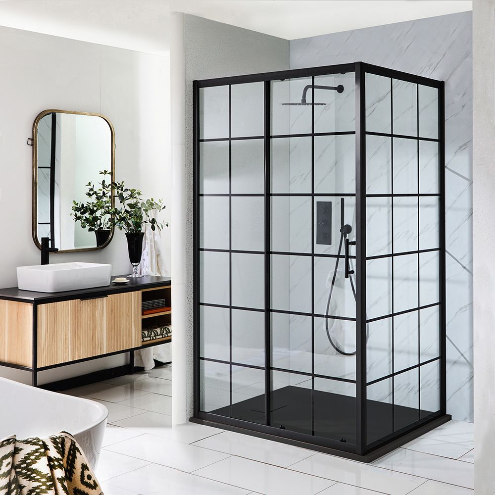 Milano Barq Black Grid Corner Sliding Door Shower Enclosure With