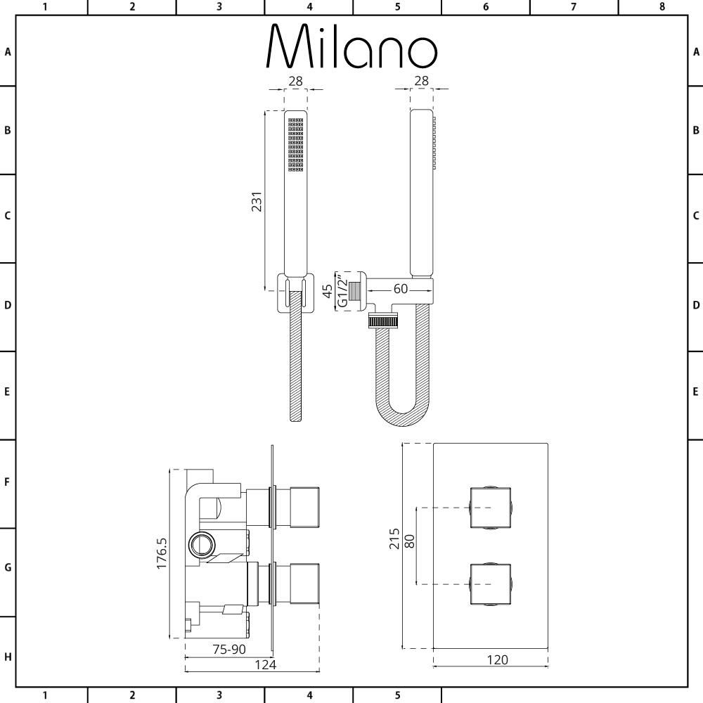 Milano Arvo - Chrome Thermostatic Shower with Rectangular Hand Shower Kit (1 Outlet)