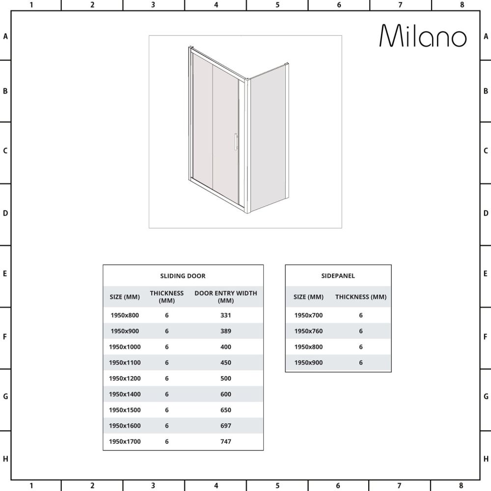 Milano Portland - Chrome Sliding Shower Door - Choice of Size and Side Panel